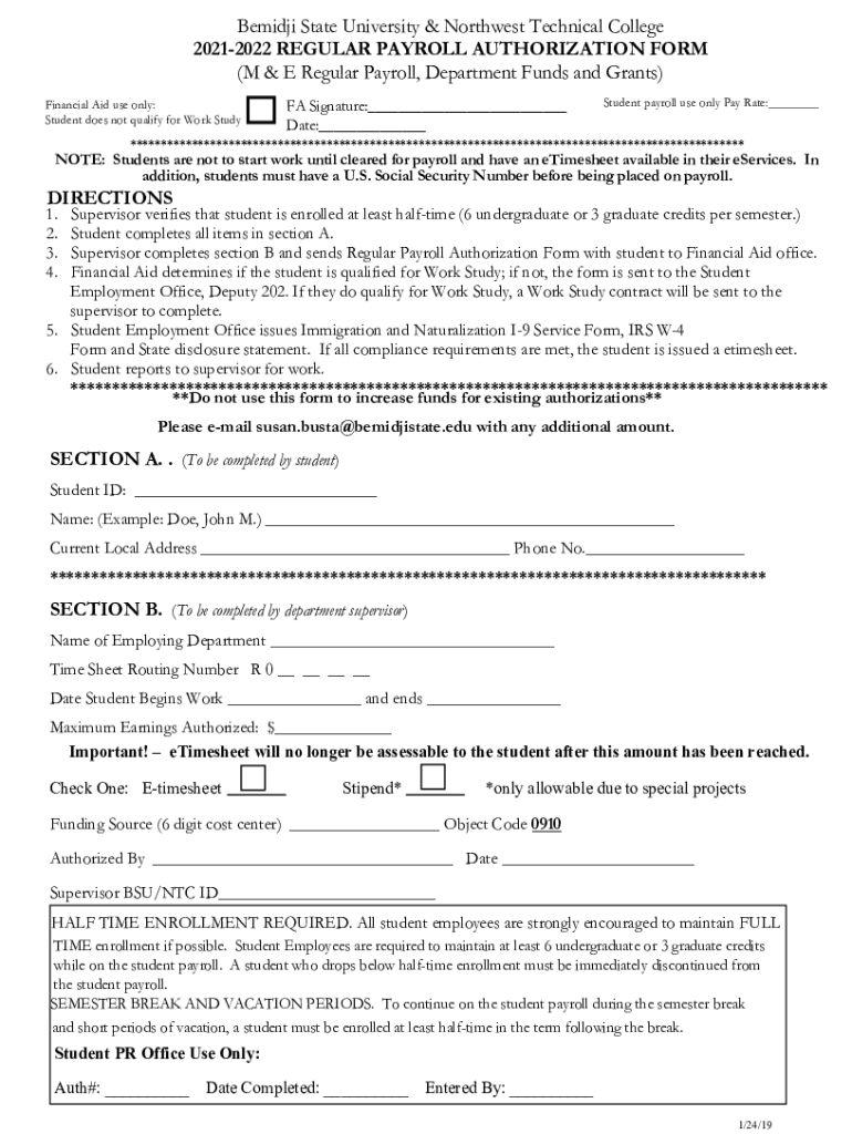 Fillable Online 2021-2022 Authorization Form/Work Study Contract Fax Email Print - pdfFiller