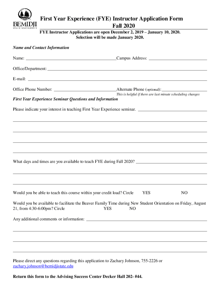 Fillable Online First Year Experience (FYE) Instructor Application Form ...