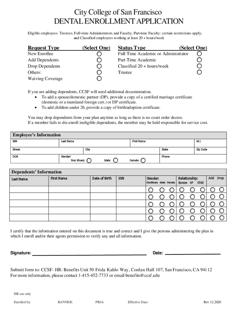 Fillable Online CCSF Dental Enrollment Form. Active Employee Form Fax ...