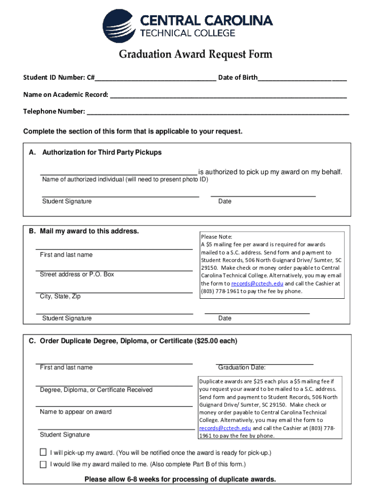 Fillable Online Graduation Award Request Form Fax Email Print - pdfFiller