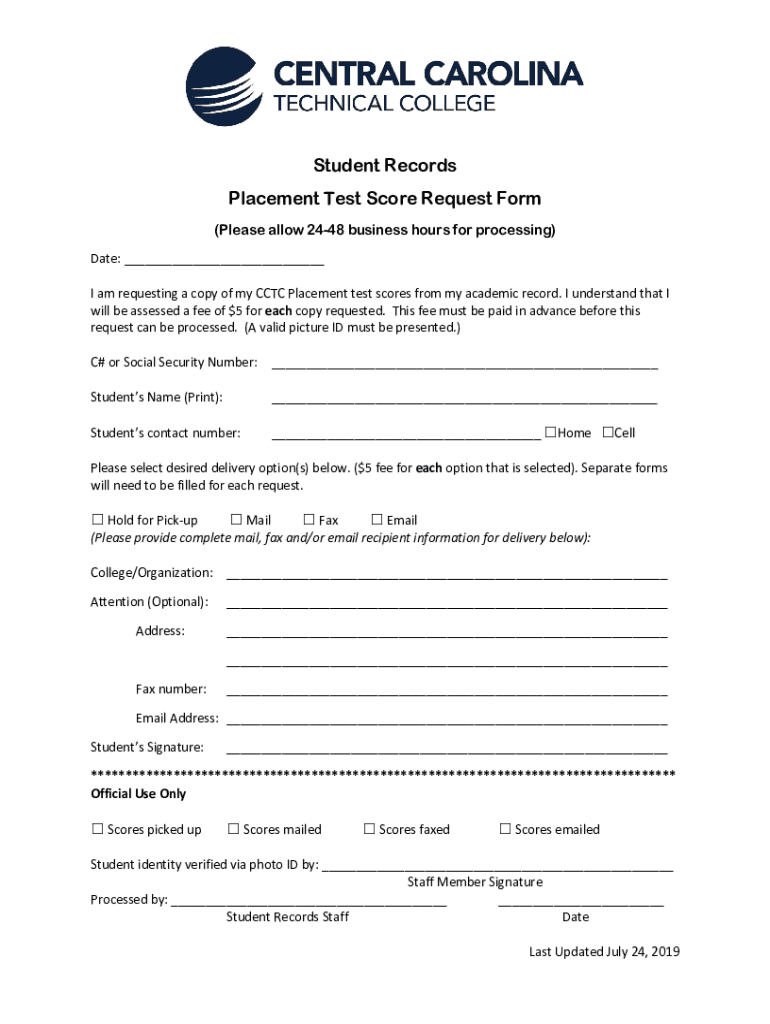 Fillable Online Student Records Placement Test Score Request Form Fax ...