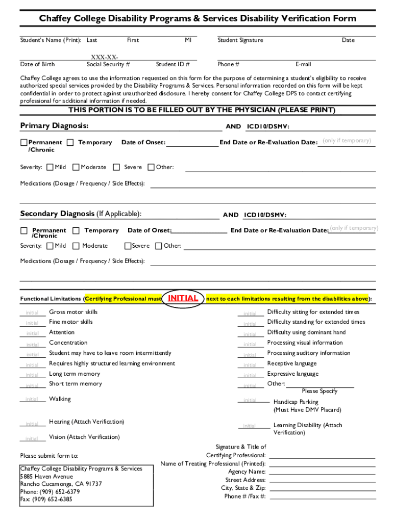 Fillable Online Chaffey College Disability Programs & Services ...