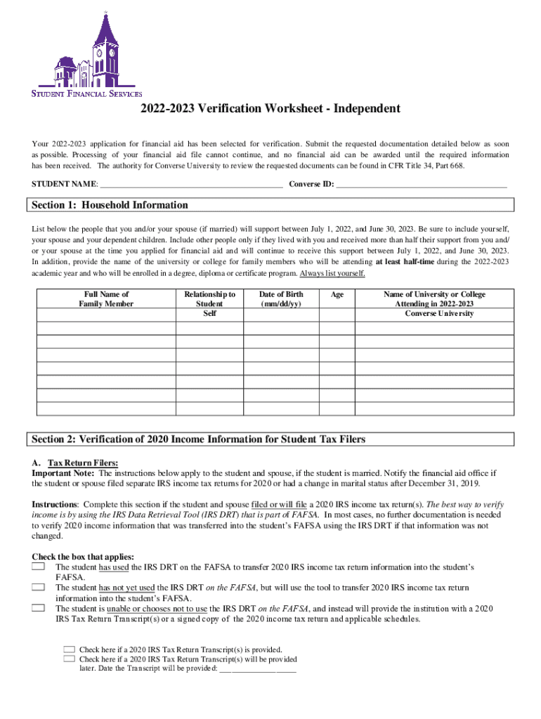 Fillable Online 2022-2023 Verification Worksheet Independent Student ... Fax Email Print - pdfFiller