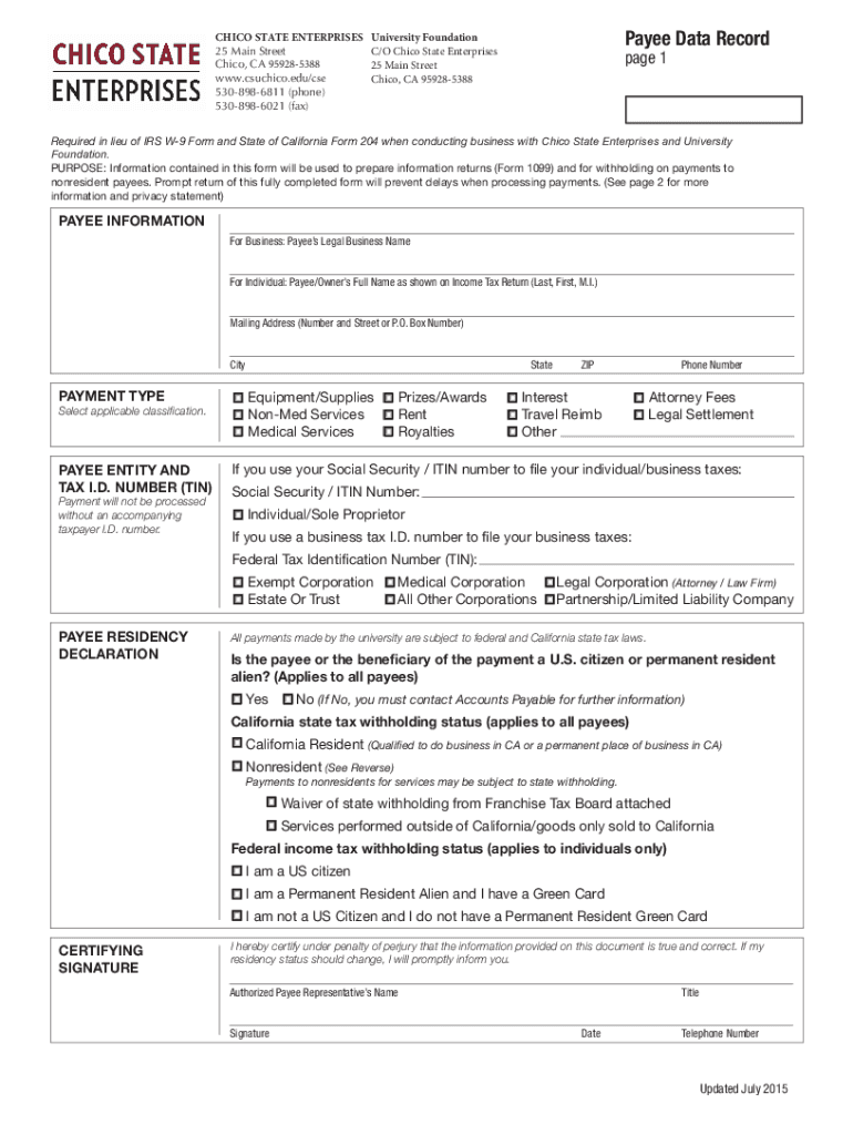 Fillable Online Fillable Payee Data Record Form Ufrf (California State ... Fax Email Print ...