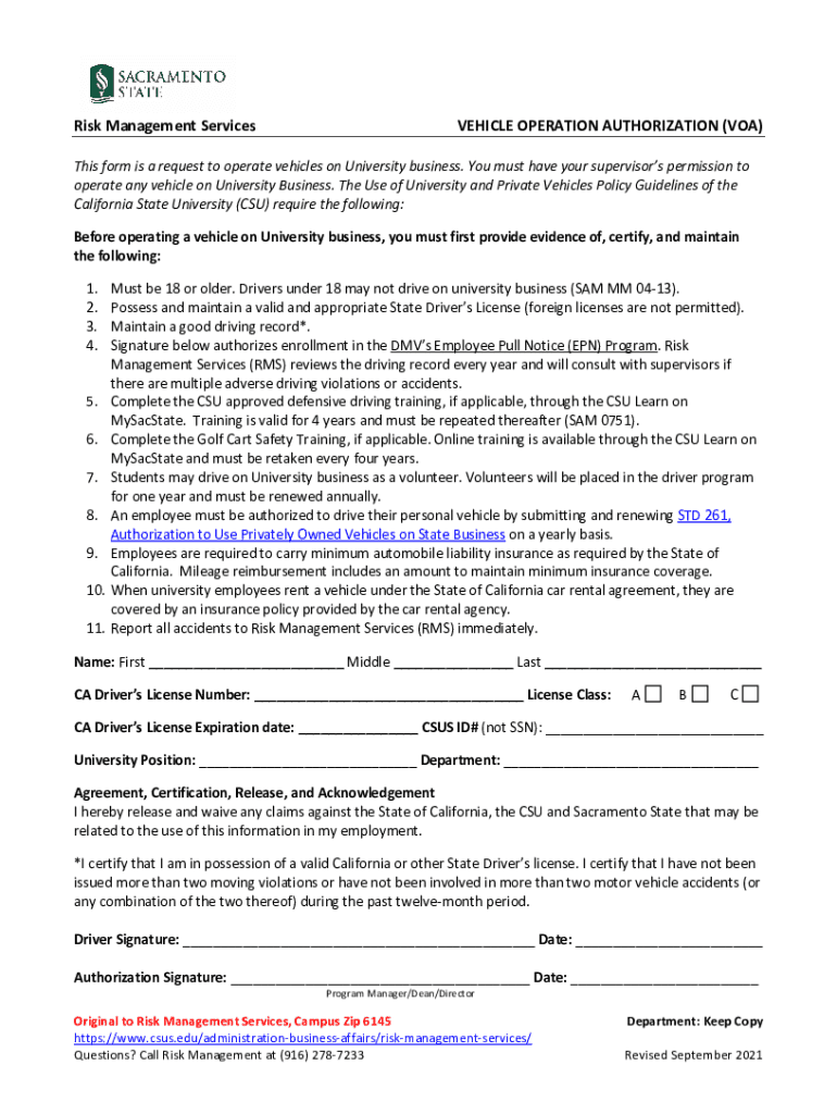 Fillable Online Risk Management Services VEHICLE OPERATION ...