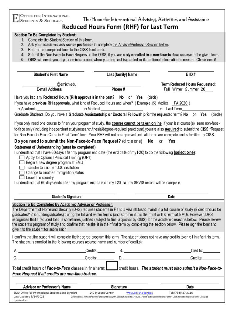 Fillable Online Reduced Hours Form (RHF) for Medical Reasons Fax Email ...