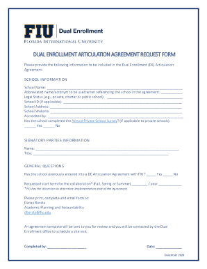 Fillable Online dualenrollment fiu DUAL ENROLLMENT ARTICULATION AGREEMENT REQUEST FORM Fax Email ...