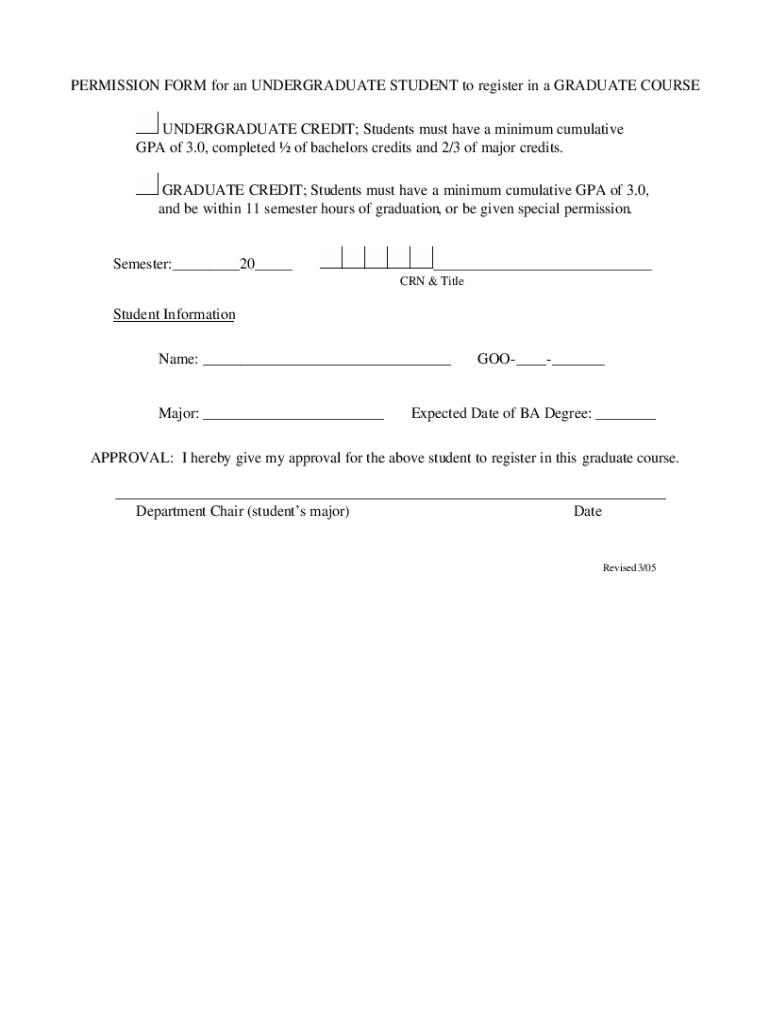Fillable Online PERMISSION FORM for an UNDERGRADUATE STUDENT to ...