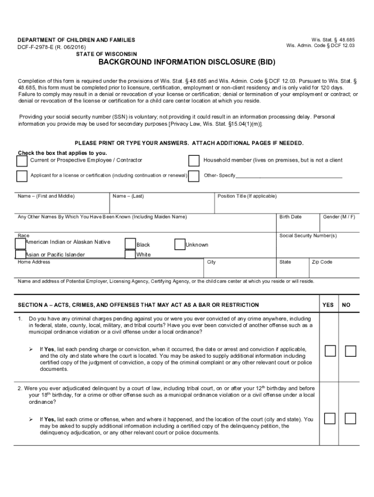 Fillable Online WI Background Information Disclosure (BID) - Moraine ...