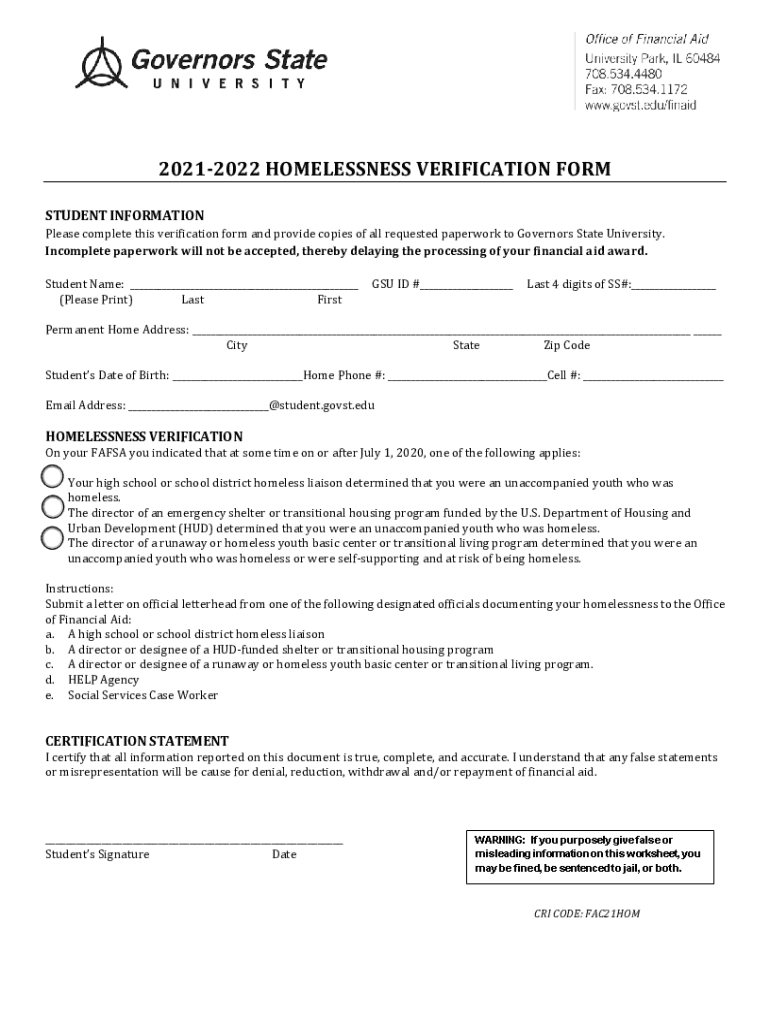 Fillable Online 2021-2022 HOMELESSNESS VERIFICATION FORM Fax Email ...