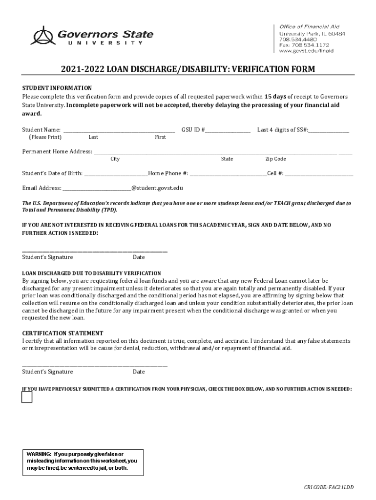 Fillable Online Total and Permanent Disability Loan Discharge Verification Fax Email Print ...
