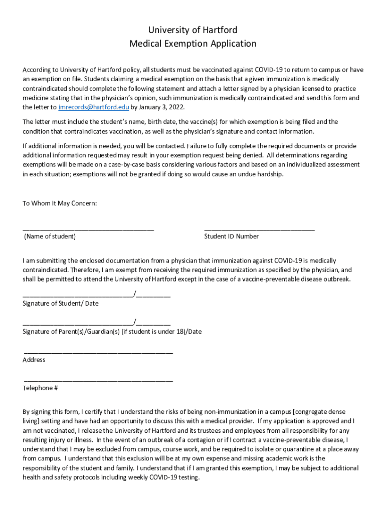 Fillable Online University of Hartford Medical Exemption Application ...