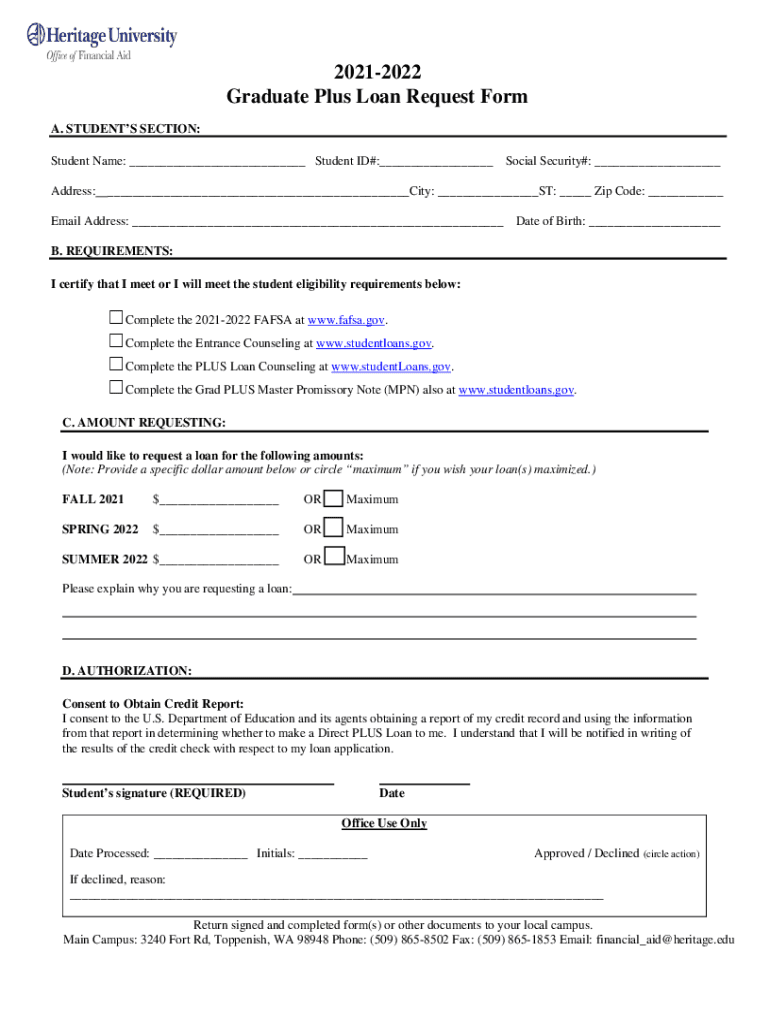 Fillable Online 2021-2022 Graduate Plus Loan Request Form Fax Email ...
