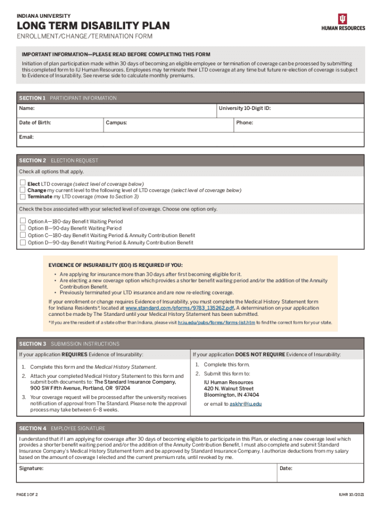 Fillable Online hr iu IU Long Term Disability Enrollment Form Fax Email ...