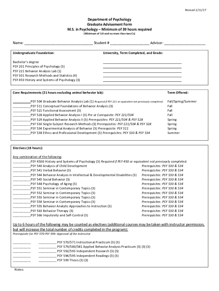Fillable Online Department of Psychology Graduate Advisement Form M.S ...