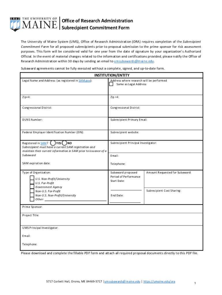 Fillable Online Office of Research Administration Subrecipient Commitment Form Fax Email Print ...