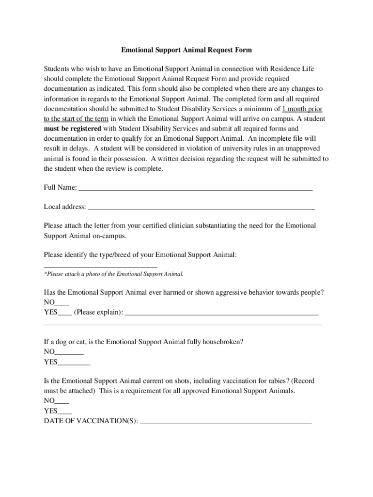 Fillable Online Emotional Support Animal Request - Clarkson University Fax Email Print - pdfFiller