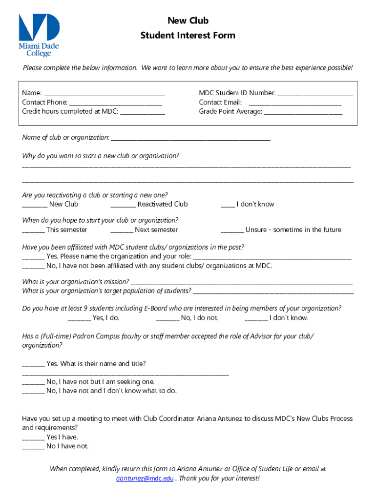Fillable Online New Club Student Interest Form Fax Email Print - pdfFiller