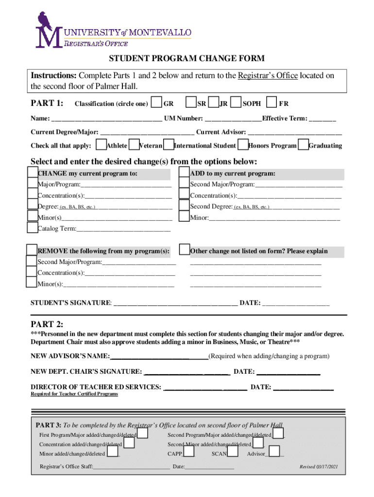 Fillable Online STUDENT PROGRAM CHANGE FORM Instructions: Complete ...