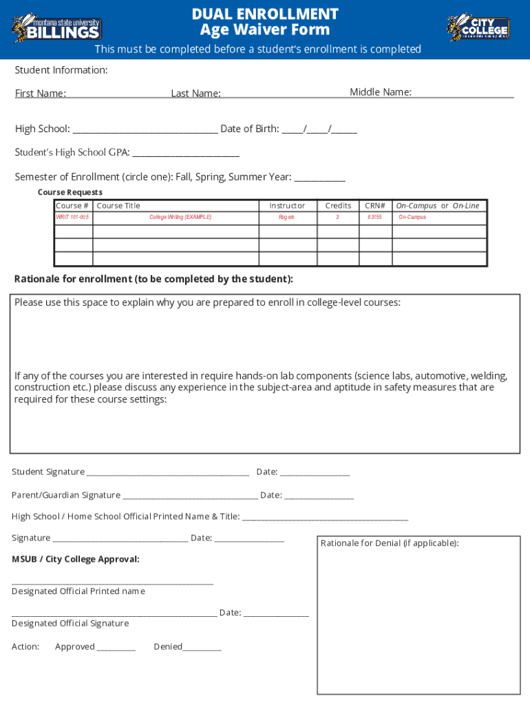 Fillable Online High School Dual Enrollment Request for Age Requirement ...