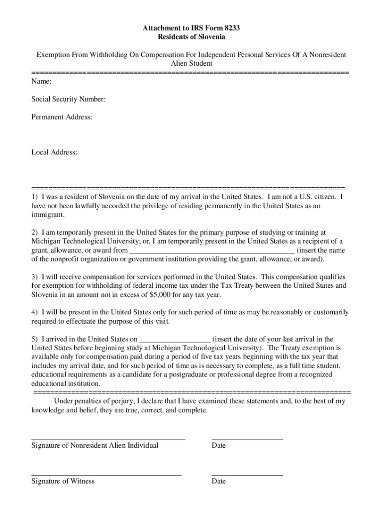 Fillable Online Fillable Online Attachment to IRS Form 8233 Residents ...