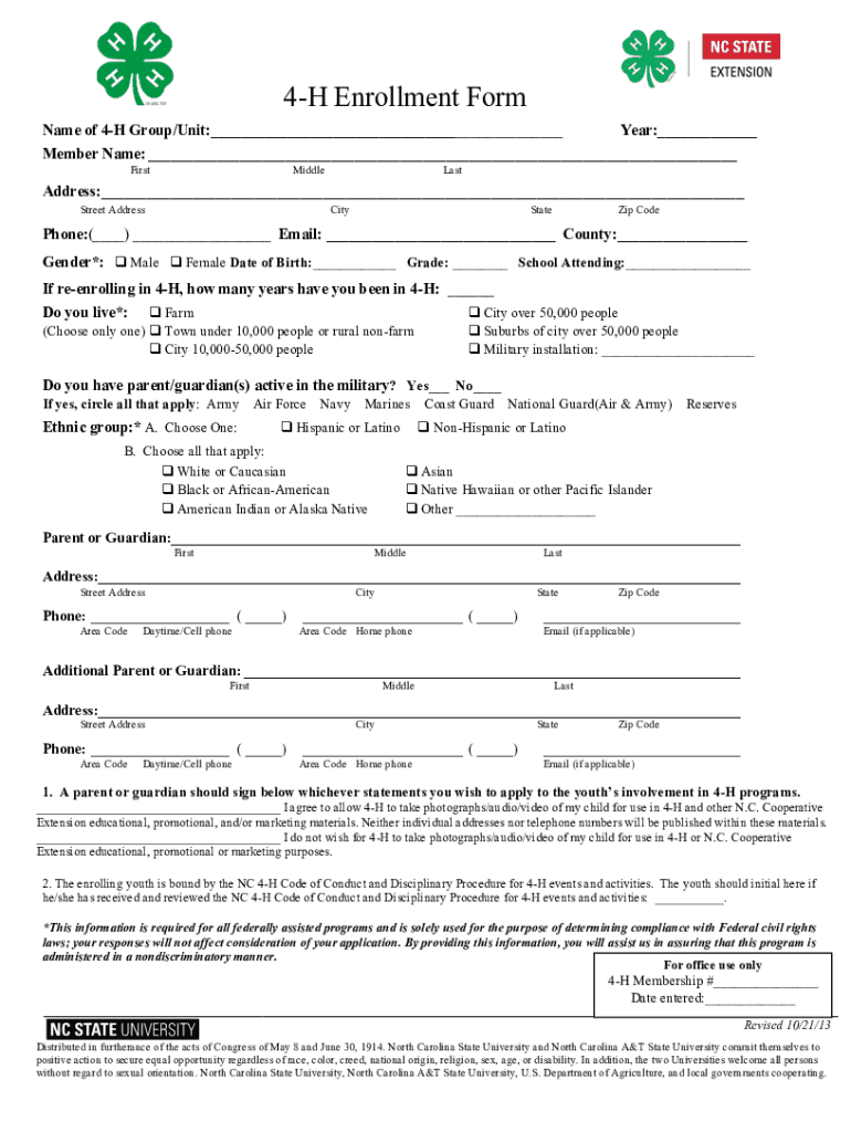 Fillable Online Fillable Online nc4h 4 H Enrollment Form Name of 4 H ...