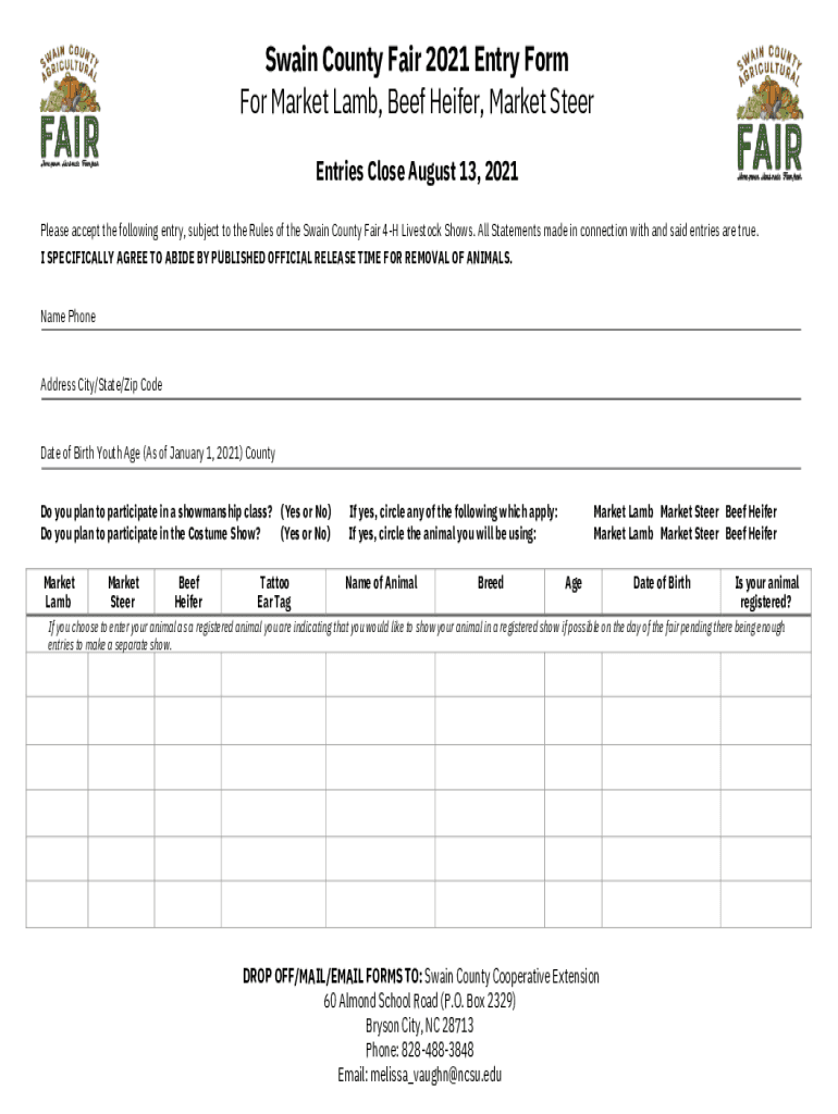 Fillable Online swain ces ncsu 2021 Fair Livestock Entry Forms Fax ...