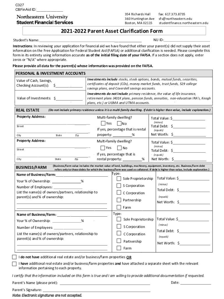 Fillable Online studentfinance northeastern Parent Asset Clarification ...