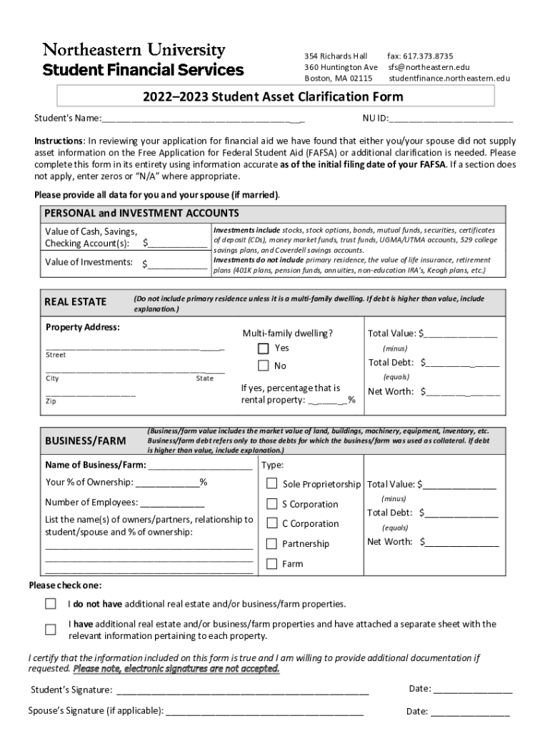 Fillable Online studentfinance northeastern Student Asset Clarification ...