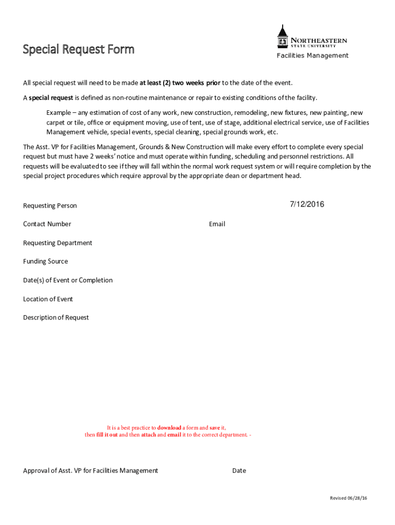 Fillable Online NSU Facilities Management Special Request Form. This is ...