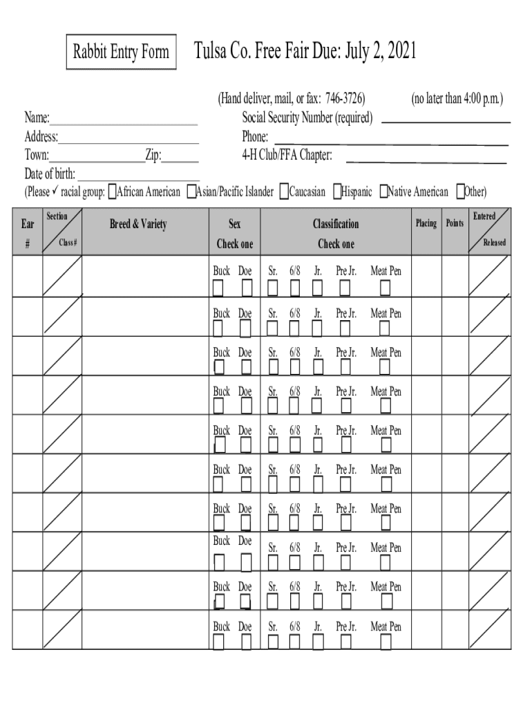 Fillable Online Fillable Online Rabbit Entry Form Name: Address: Town ...