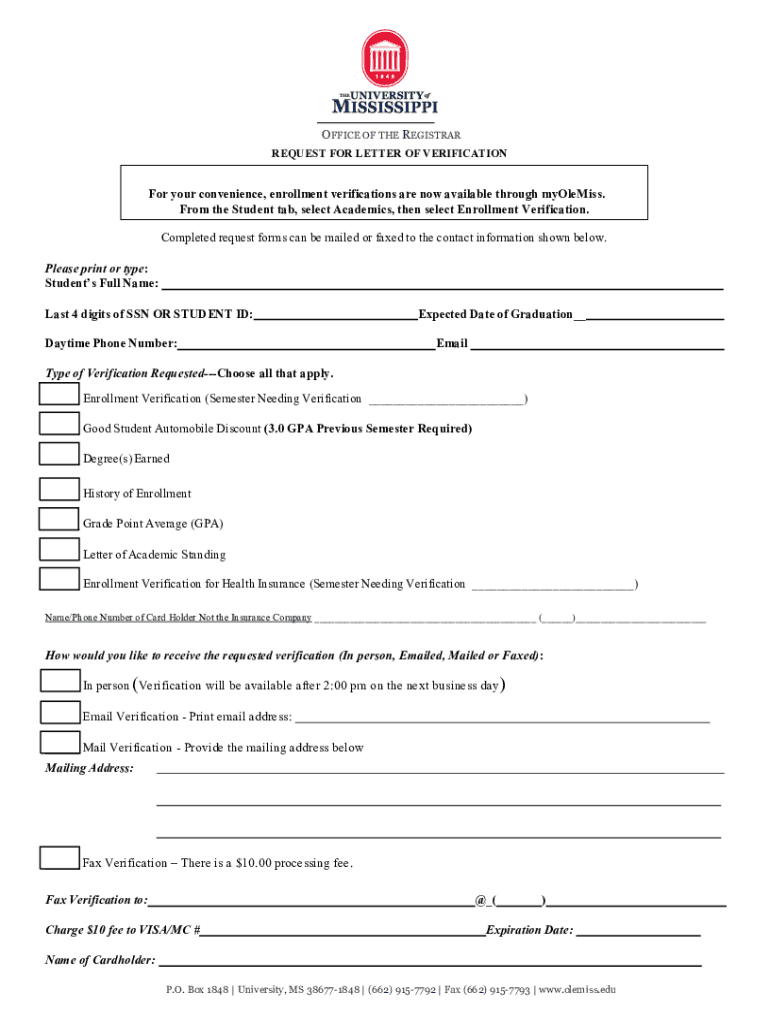 Fillable Online Enrollment/Degree Verification or Letter of Academic Standing Request Form Fax ...