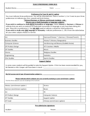 Fillable Online Subject selection form: Year 9 2022 - e Q Fax Email ...