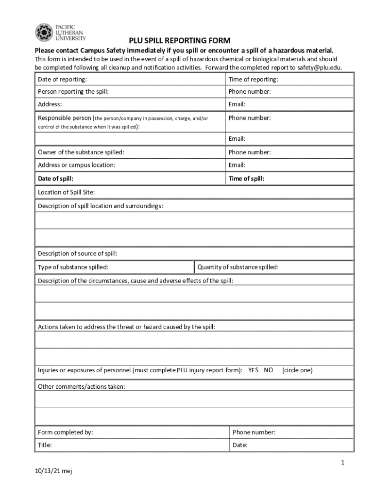 Fillable Online Spill Reporting Information Form - Template. spill ...