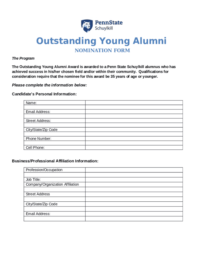 Outstanding Young Alumnus Nomination Penn State ... - schuylkill psu Doc Template | pdfFiller