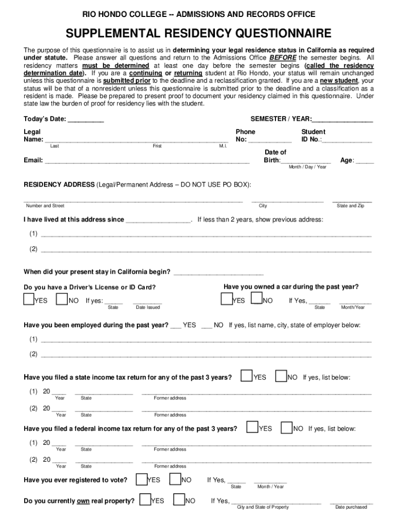 Fillable Online SUPPLEMENTAL RESIDENCY QUESTIONNAIRE - Rio Hondo ...