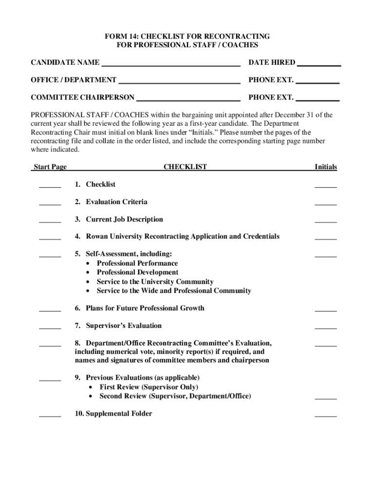 Fillable Online 14: CHECKLIST TENURE / RECONTRACTING FOR PROFESSIONAL ...