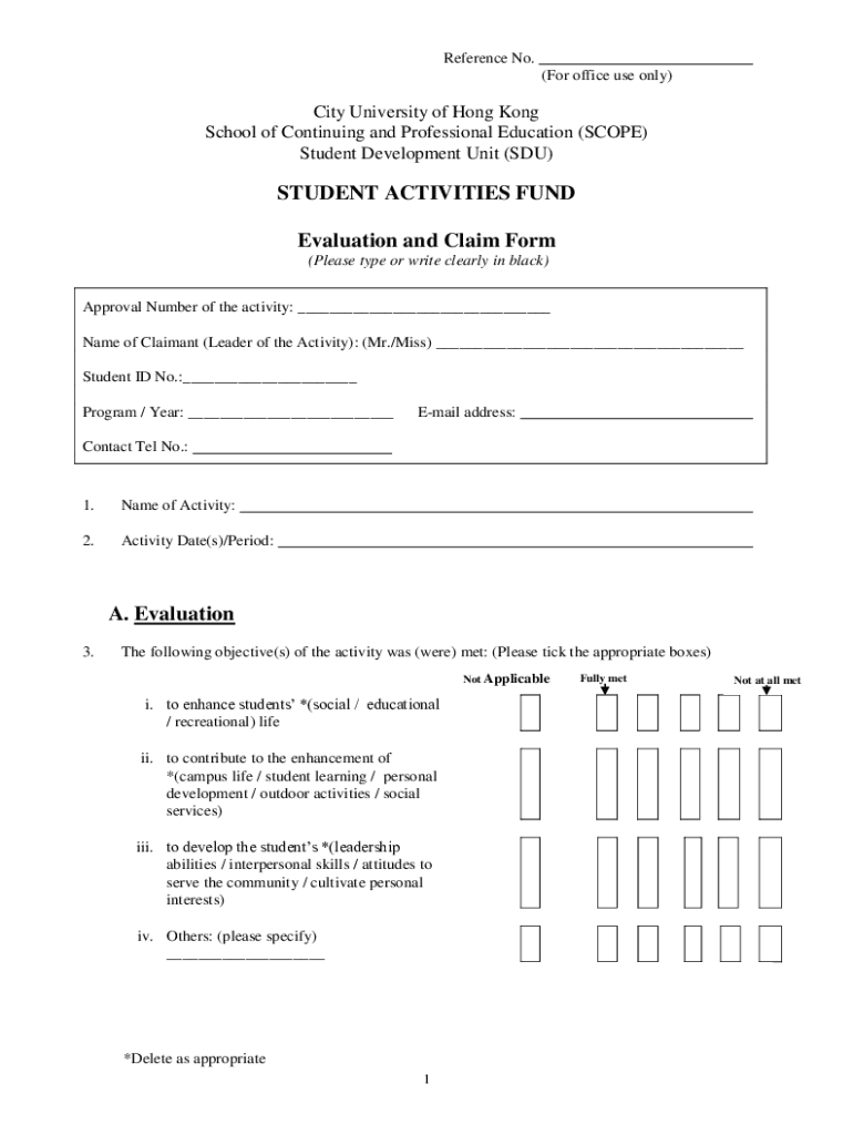 Fillable Online STUDENT ACTIVITIES FUND Application Form - SCOPE Fax ...