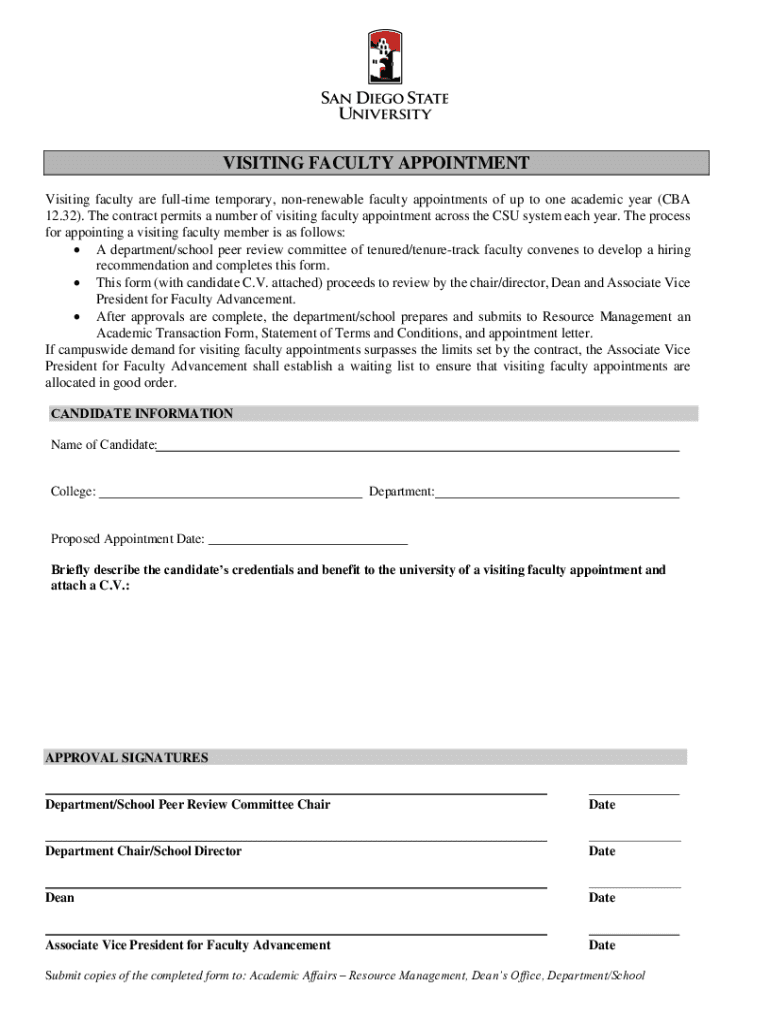 Fillable Online fa sdsu VISITING FACULTY APPOINTMENT - San Diego State ...