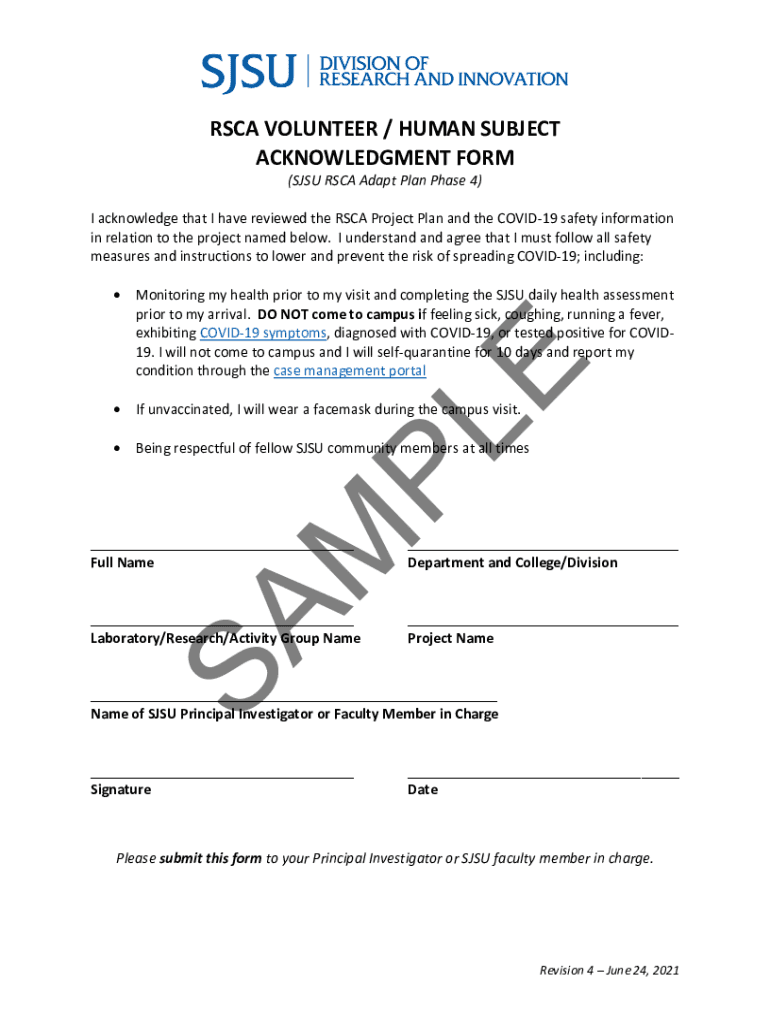 Fillable Online RSCA VOLUNTEER / HUMAN SUBJECT ACKNOWLEDGMENT FORM Fax ...