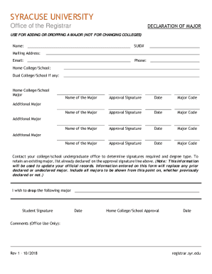 Fillable Online registrar syr form-declaration-of-major. Form for declaration of major Fax Email ...