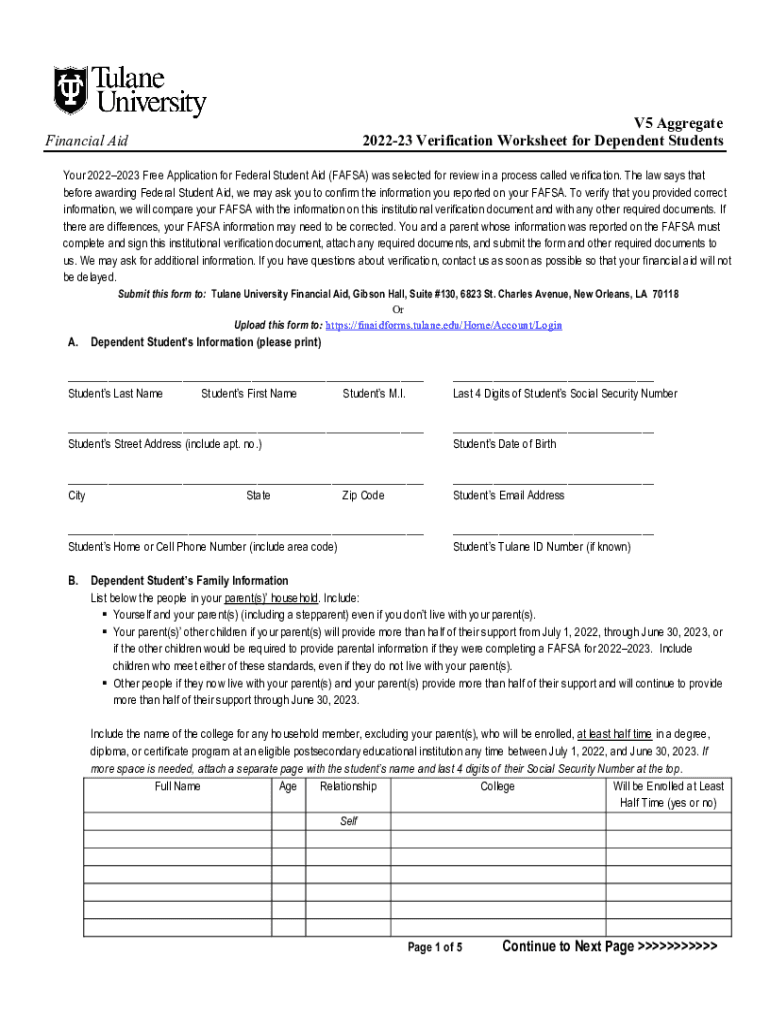 Fillable Online financialaid tulane V5 Aggregate: 2022-2023 DEPENDENT Verification Worksheet ...