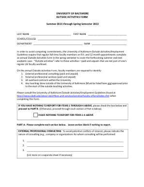 Fillable Online UNIVERSITY OF BALTIMORE OUTSIDE ACTIVITIES FORM Summer ...