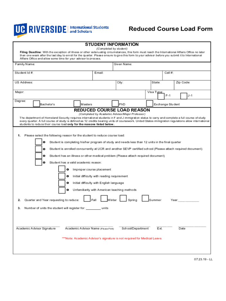 Fillable Online Reduced Course Load Form - International Affairs Fax ...
