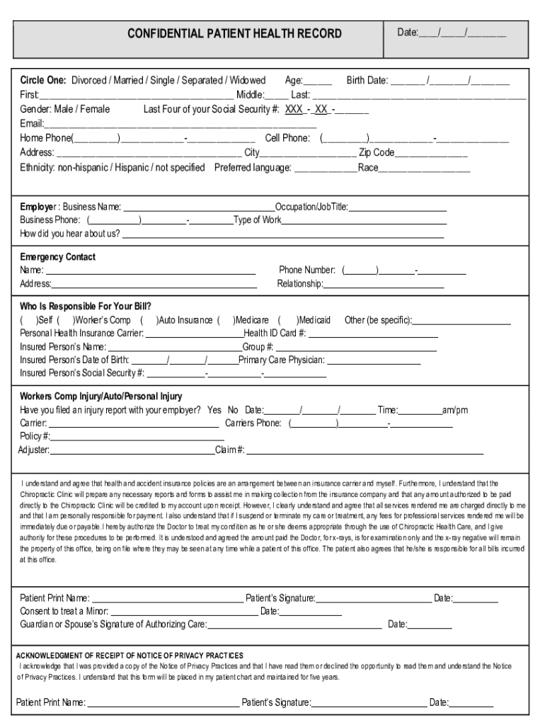 Fillable Online Confidential Patient Health Record Date: Fax Email ...