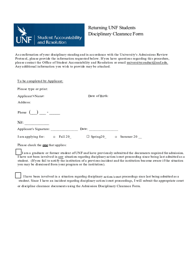 Fillable Online Returning UNF Students Disciplinary Clearance Form Fax Email Print - pdfFiller