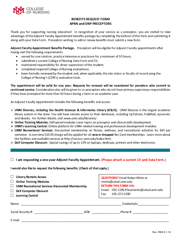 Fillable Online hsc unm BENEFITS REQUEST FORM APRN and DNP PRECEPTORS Fax Email Print - pdfFiller