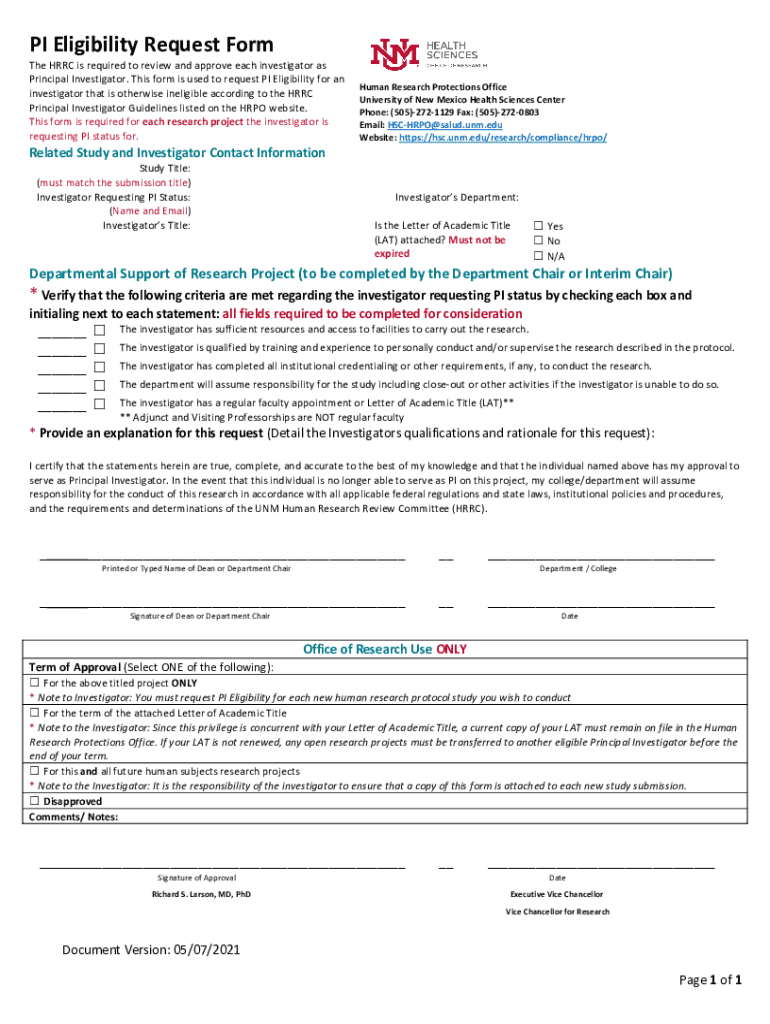 Fillable Online hsc unm PI Eligibility Request Form - UNM Health Sciences Center Fax Email Print ...