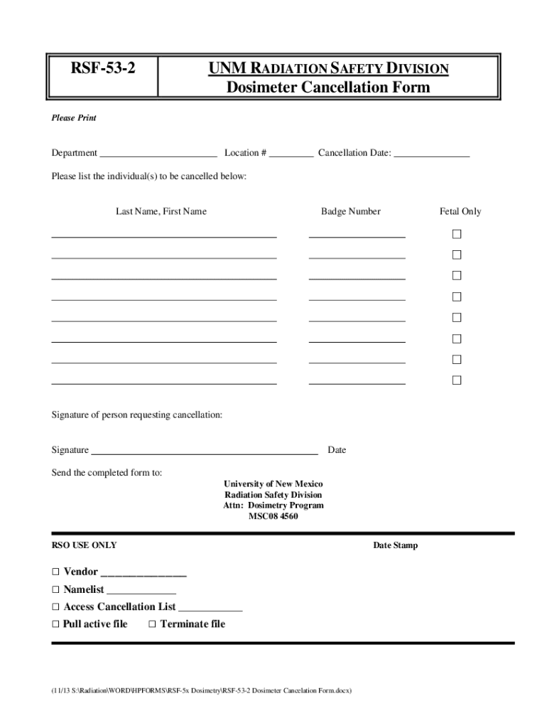 Fillable Online hsc unm RSF-53-2 Dosimeter Cancelation Form Fax Email ...