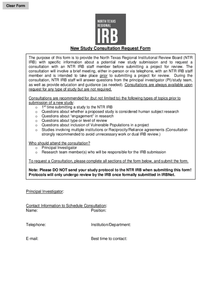 Fillable Online New Institutional Review Board Review Request Deadlines Fax Email Print - pdfFiller